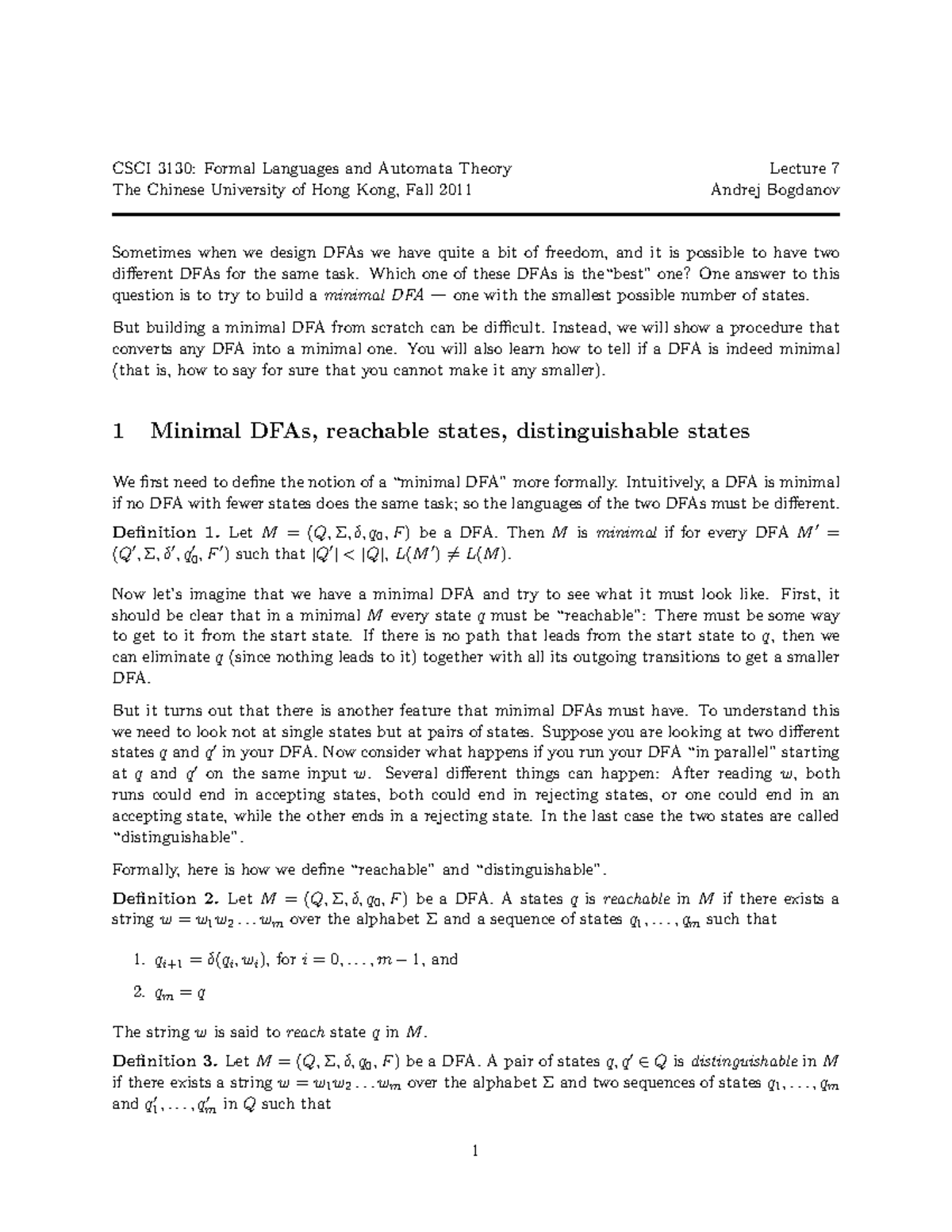 11N07 - DFA minimization - CSCI 3130: Formal Languages and Automata Theory Lecture 7 The Chinese ...
