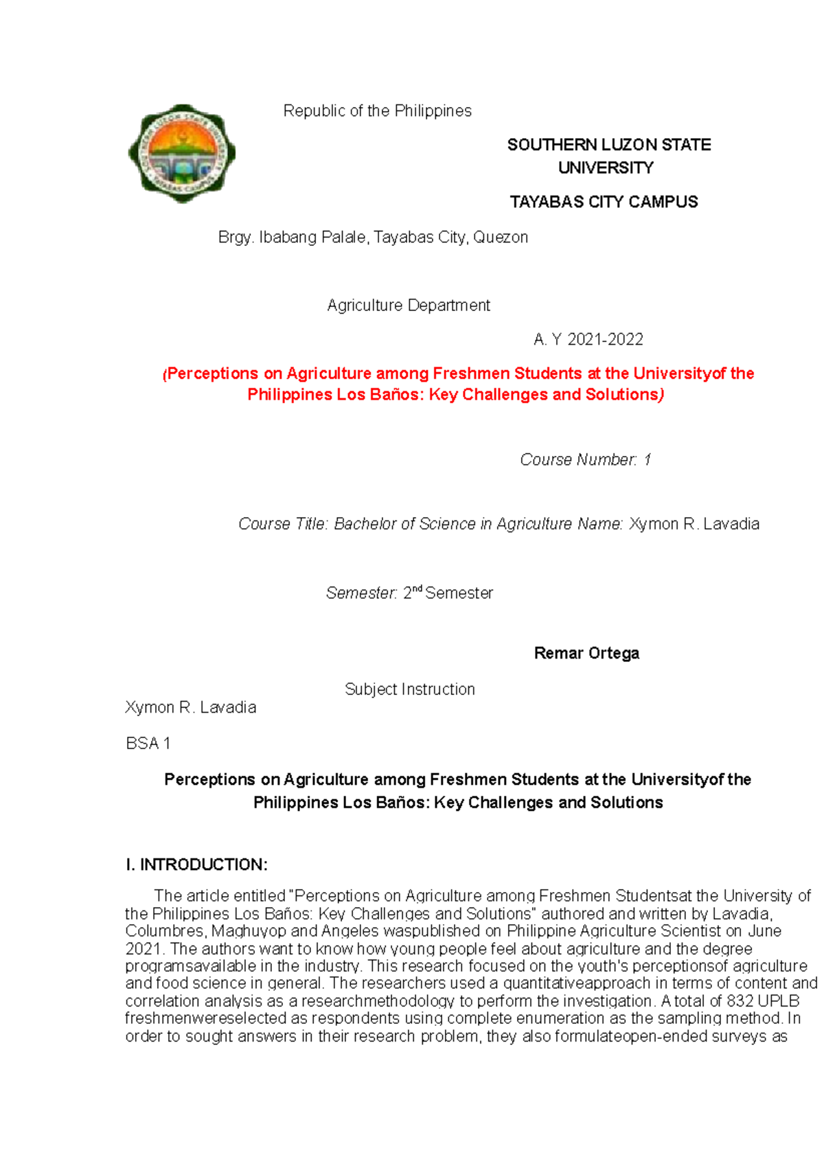 Lavadia AGR12 PT Critiquearticle - Republic of the Philippines SOUTHERN ...
