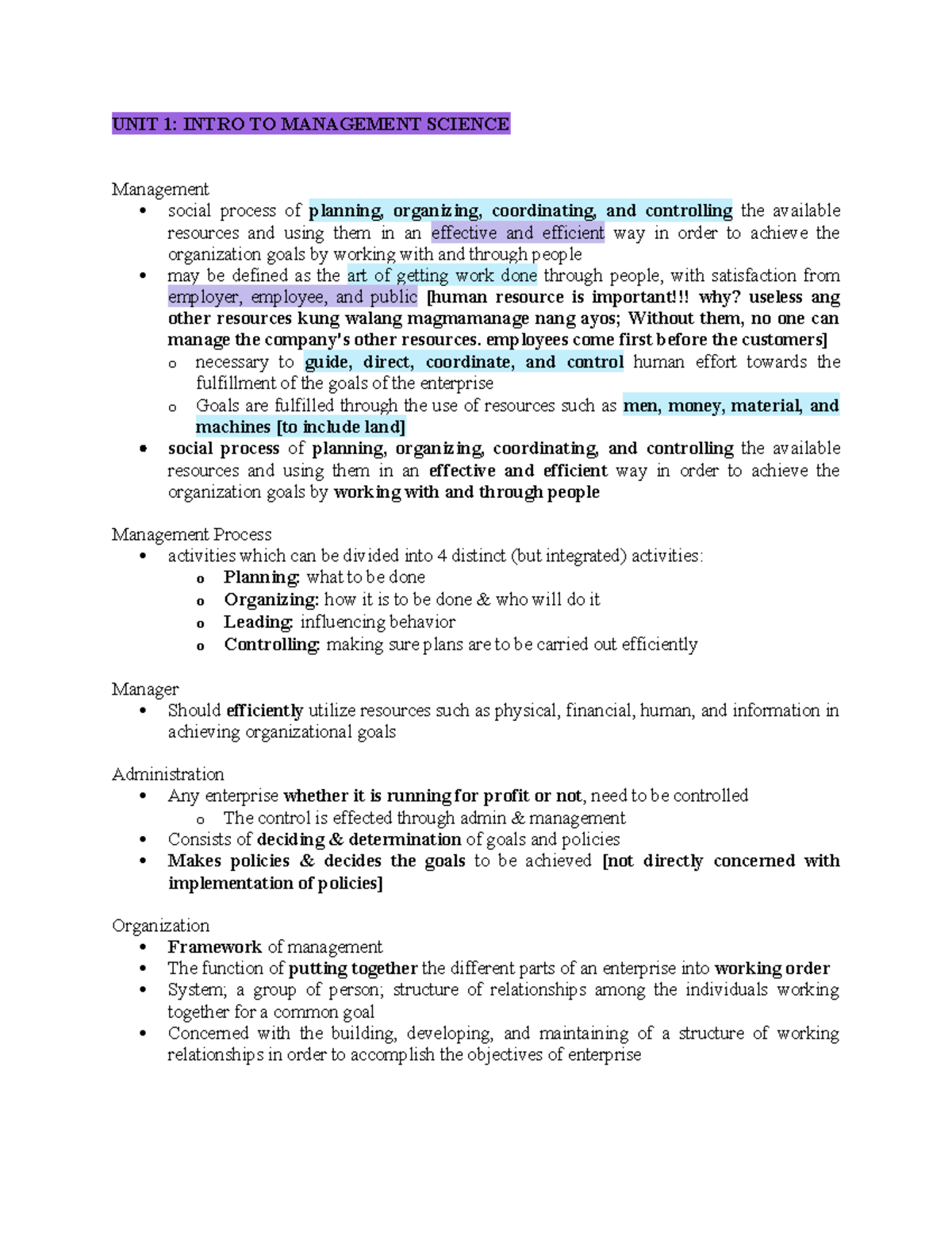 Mgt reviewer - UNIT 1: INTRO TO MANAGEMENT SCIENCE Management social ...