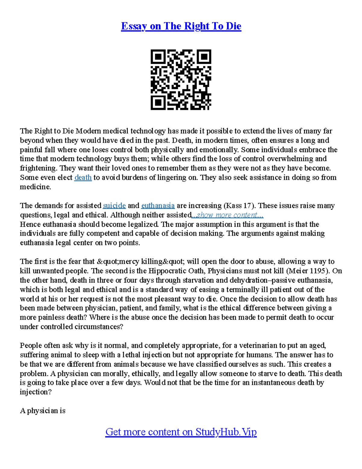 The Right To Die Essay - Essay on The Right To Die The Right to Die ...