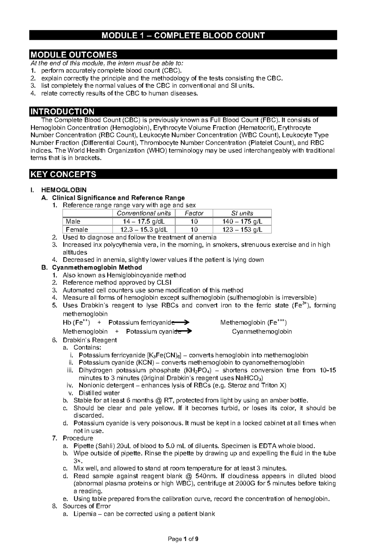 Module 1 CBC Handouts - MODULE 1 3 COMPLETE BLOOD COUNT MODULE OUTCOMES ...