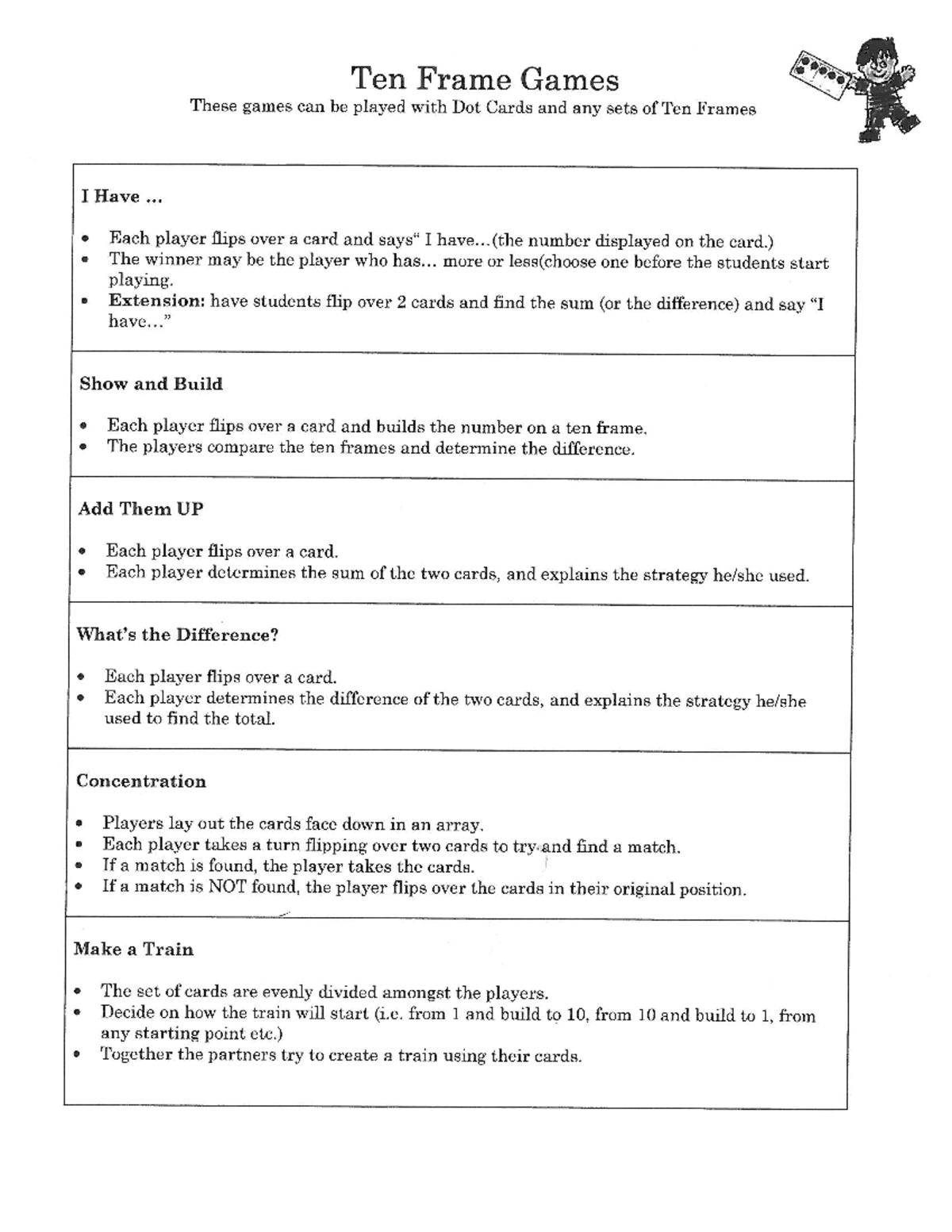 Ten frames game package - Ten Frame Games These games can be played ...