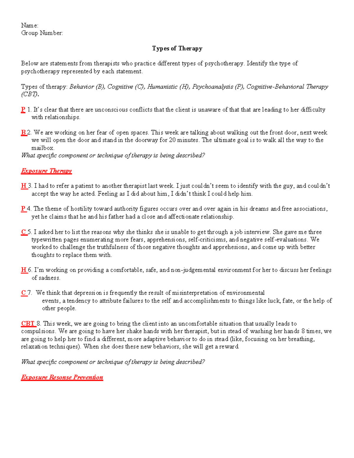 Types of Therapy:: - Class Assignment after the lecture. - Name: Group ...