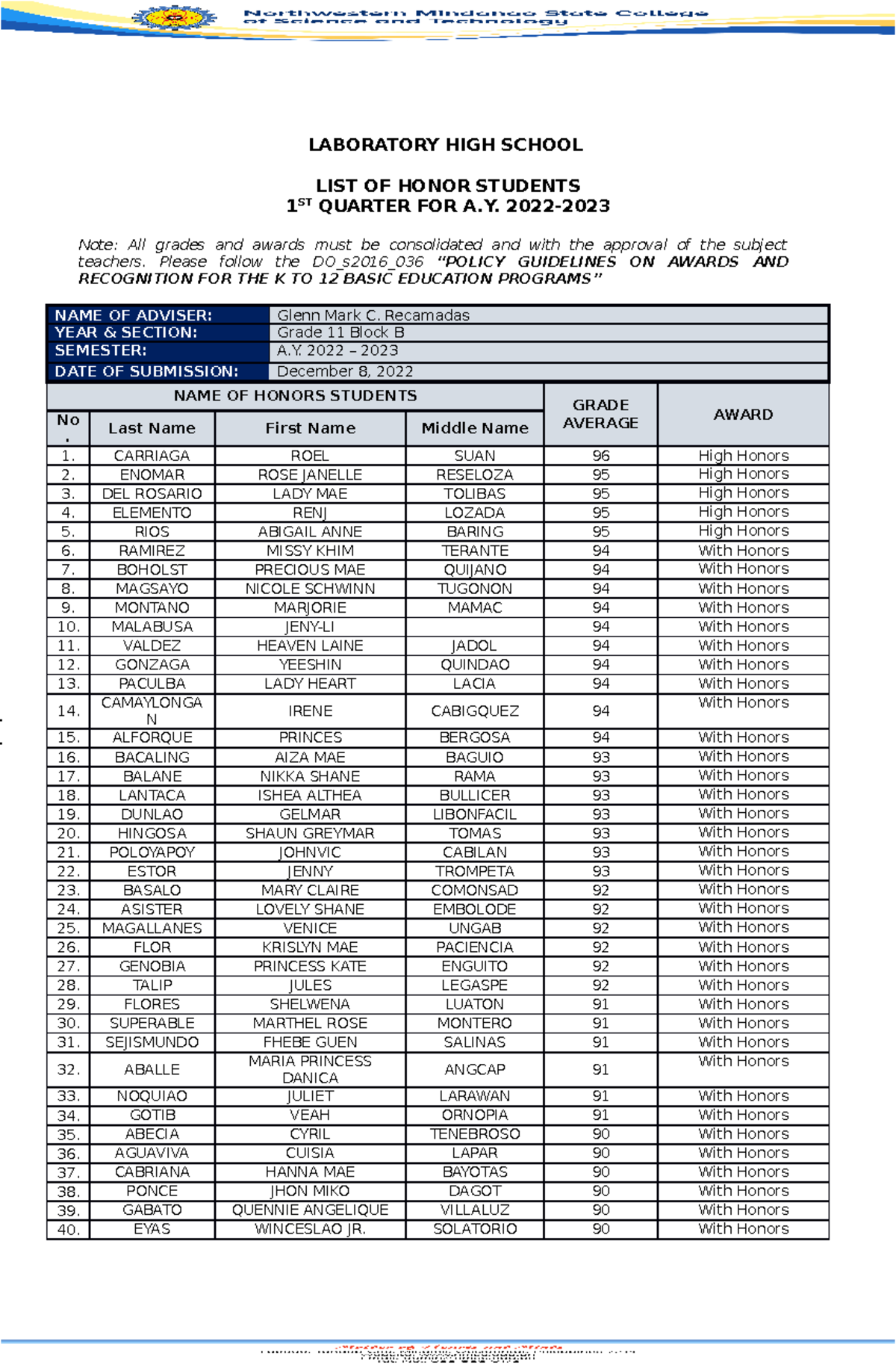 11B-STEM- Honors - .. thanks - LABORATORY HIGH SCHOOL LIST OF HONOR ...