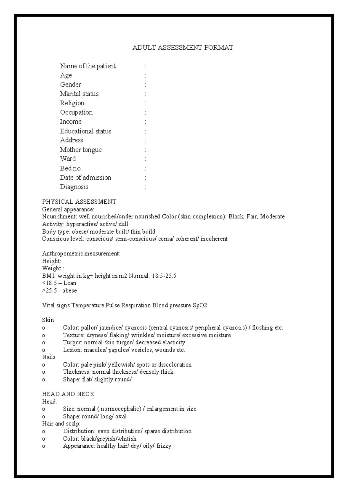 Physical assessment format - ADULT ASSESSMENT FORMAT Name of the ...