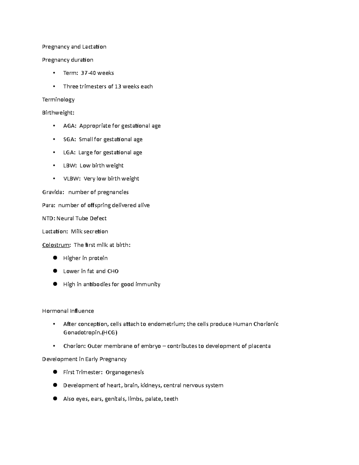 Pregnancy Lactation Notes - Pregnancy and Lactation Pregnancy duration ...
