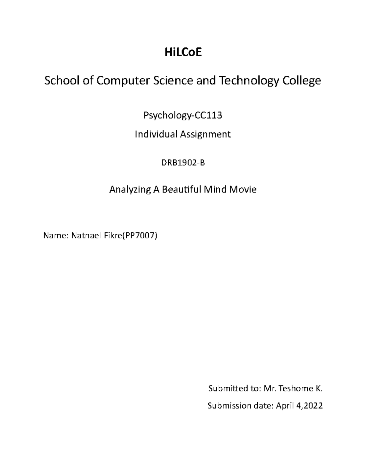 Psychology indiviual - Analyzing A Beautiful Mind Movie - HiLCoE School ...