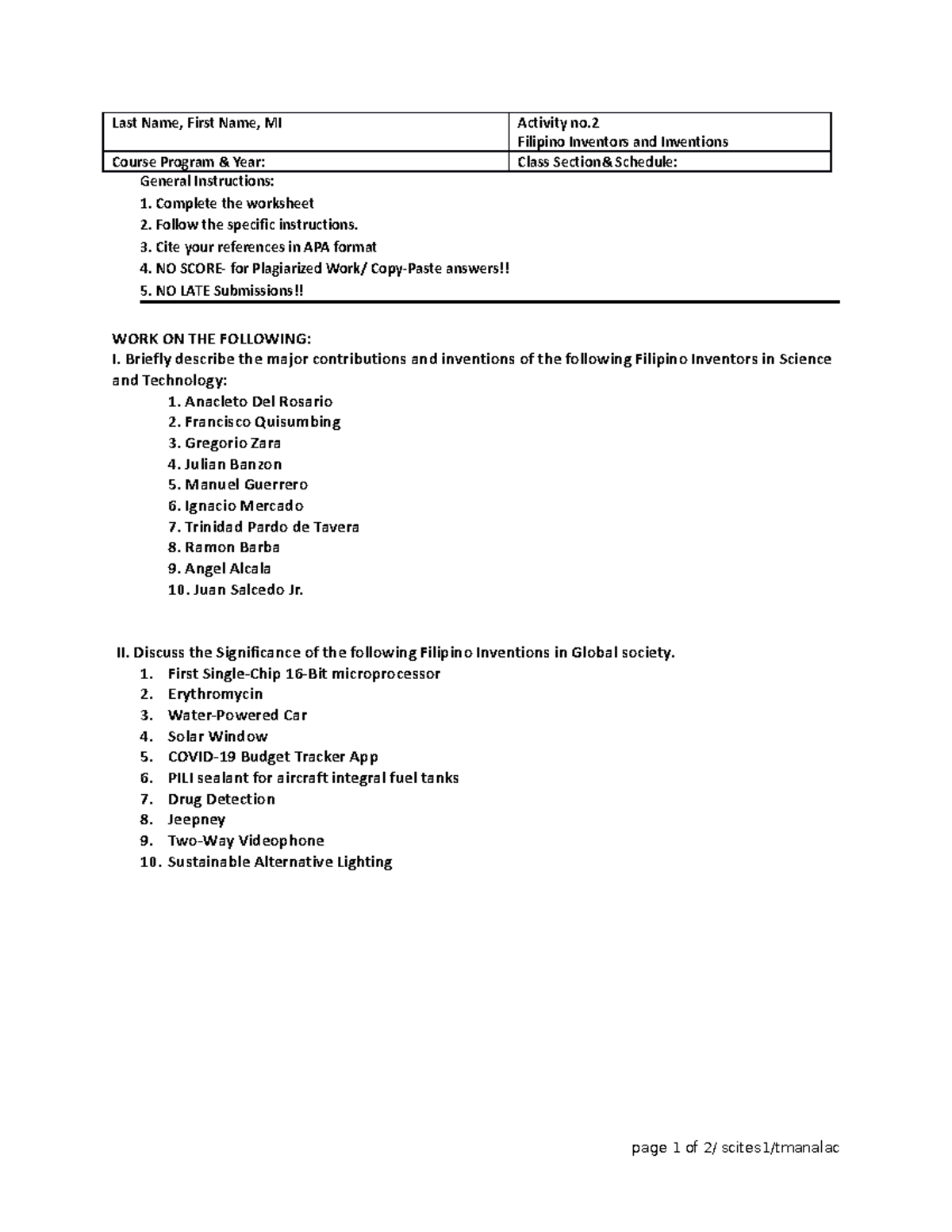 Activity no. 2 Filipino Inventors and Inventions - Last Name, First ...