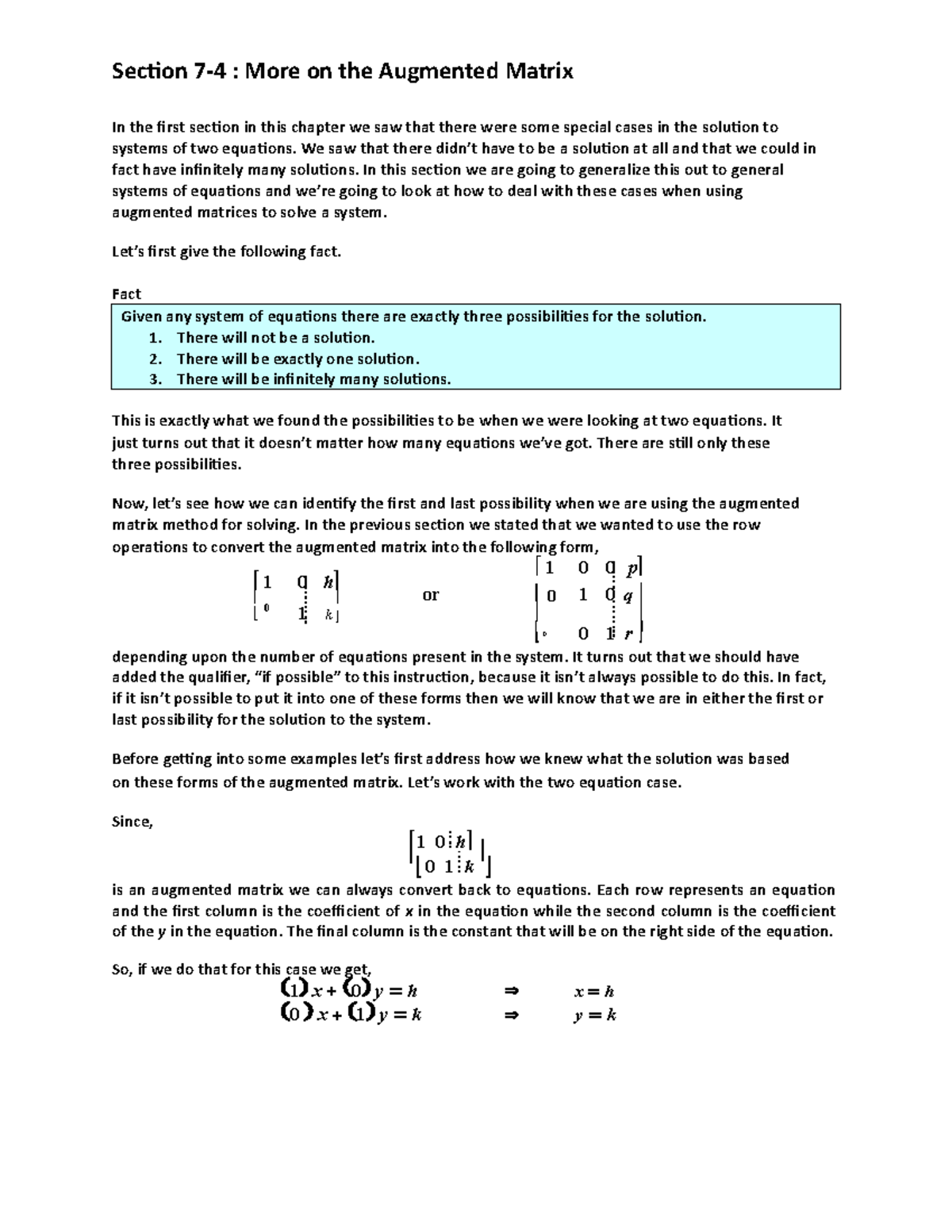 More on the augumented matrix - Section 7-4 : More on the Augmented ...