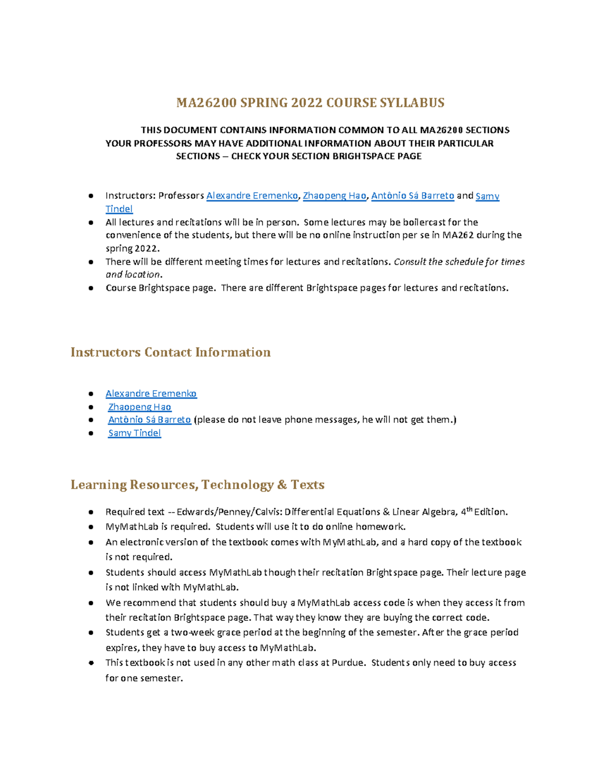 Syllabus MA 262Spring 2022 - MA26200 SPRING 2022 COURSE SYLLABUS THIS ...