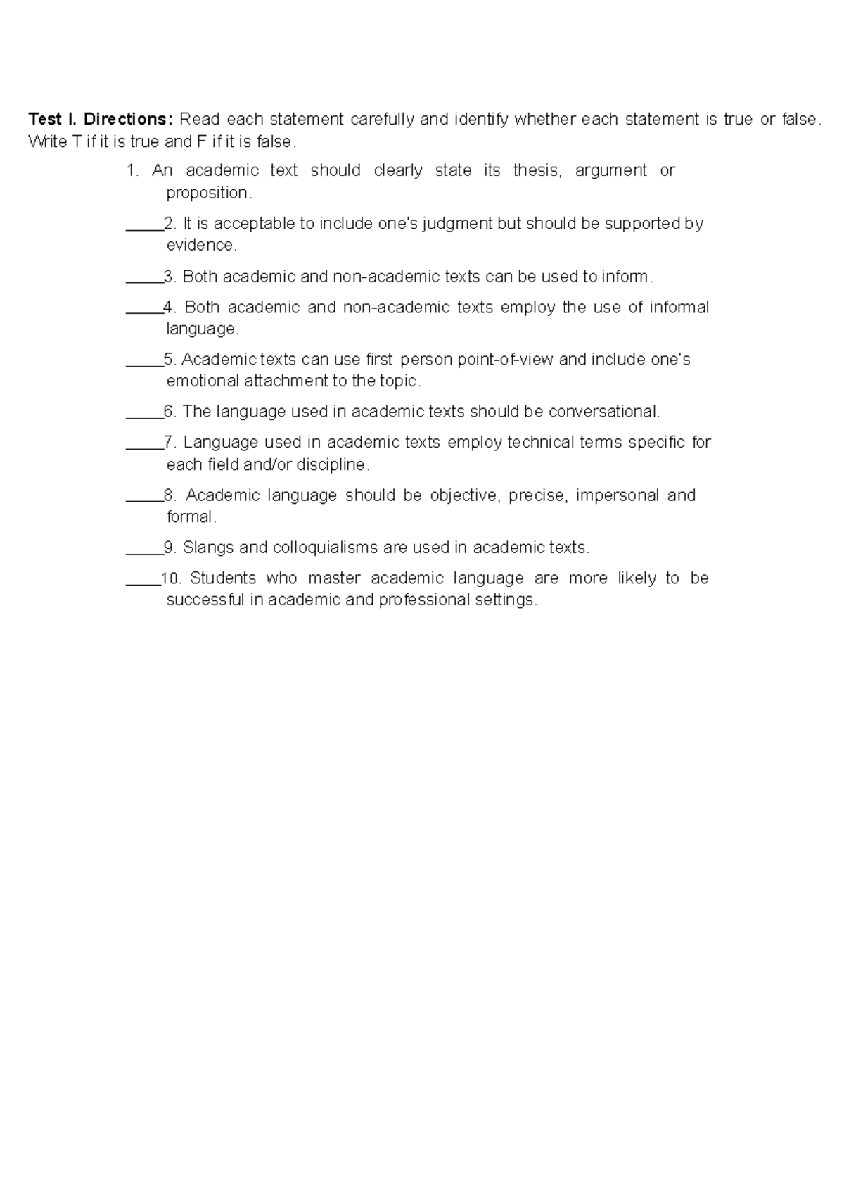 Test I English For Academic And Professional Test I Directions Read