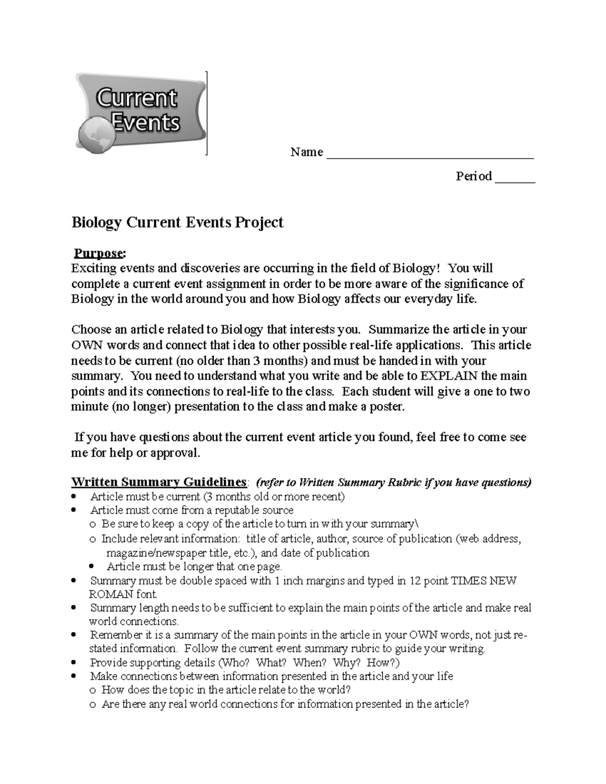 - Biology Current Event Project - Name ...