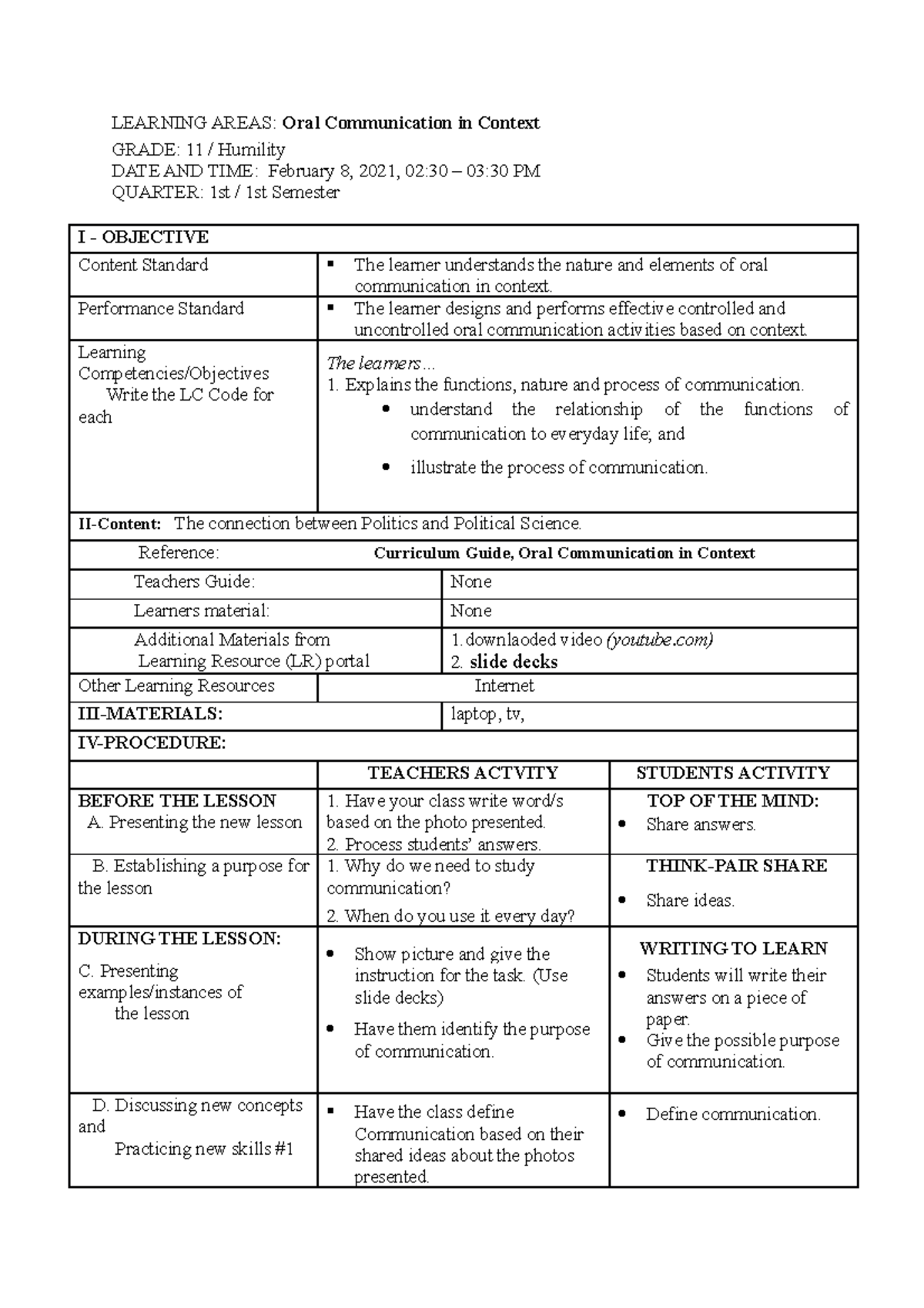1st Demo-LP Oral-Com - lesson plan oral com - LEARNING AREAS: Oral ...