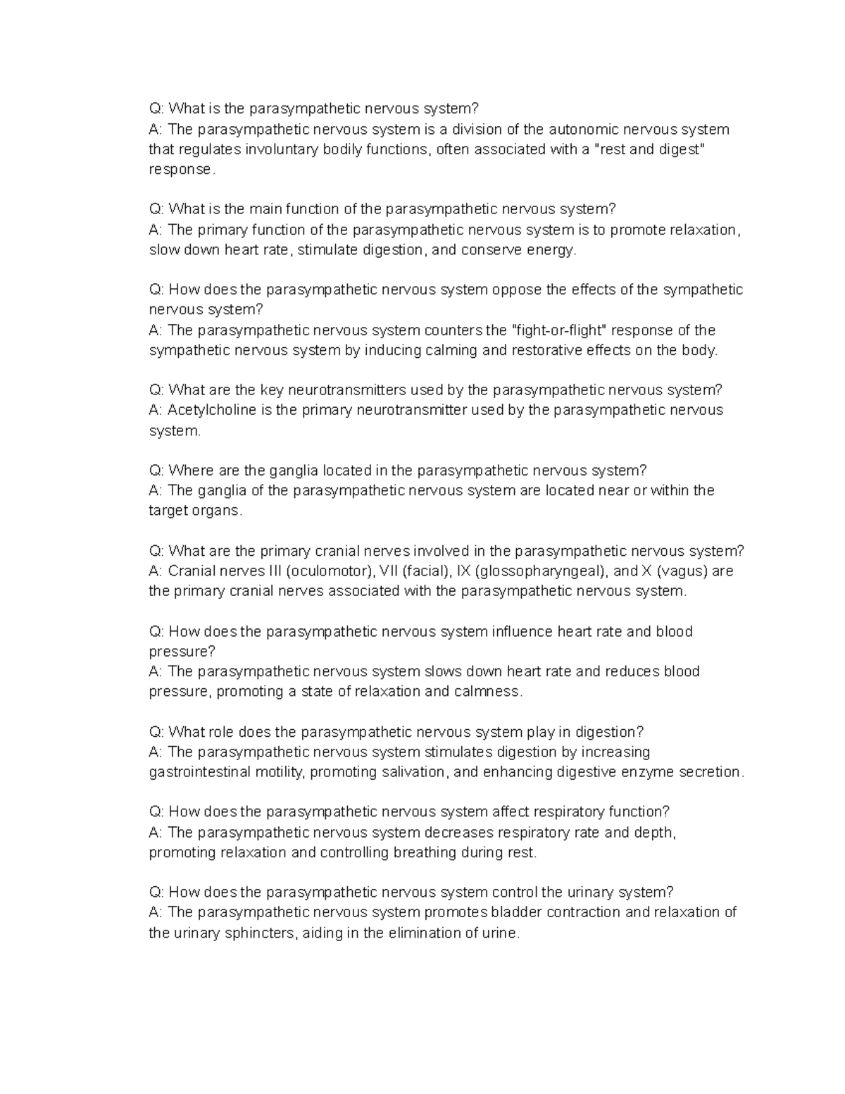 Chapter 6.3 Parasympathetic - Q: What is the parasympathetic nervous ...