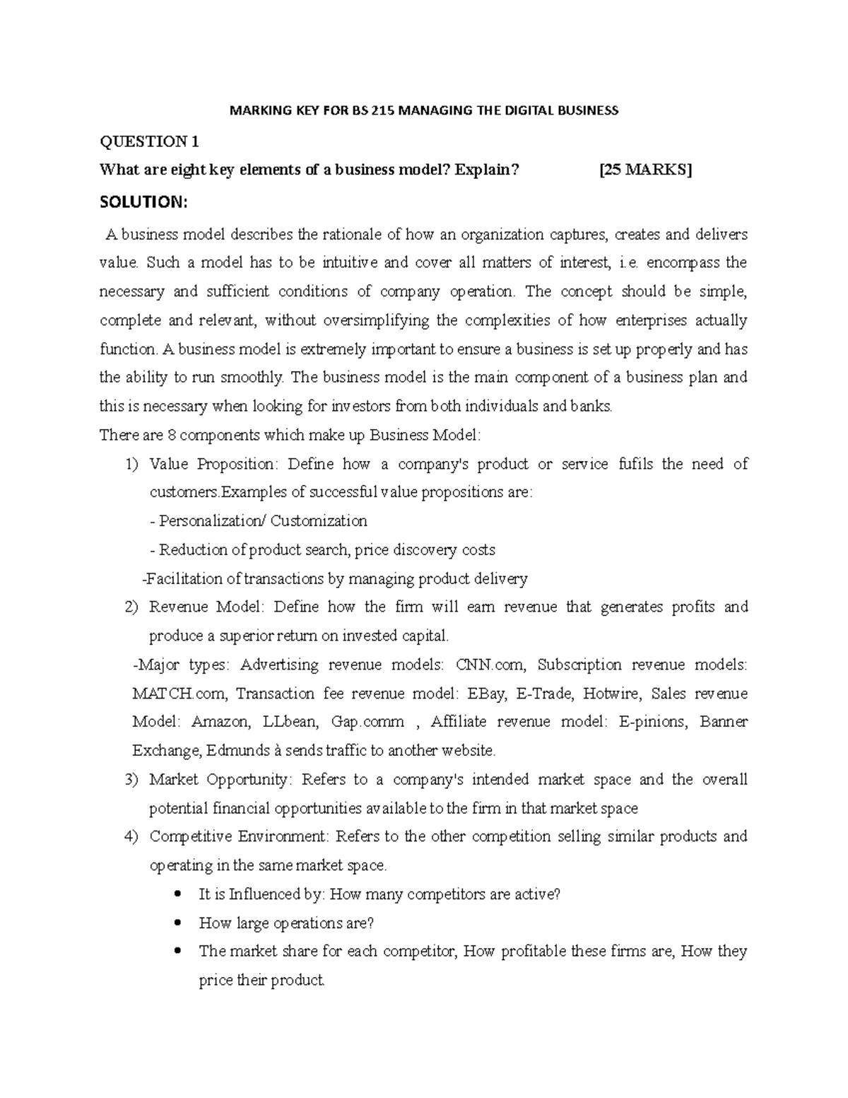 Marking KEY FOR BS 215 Managing THE Digital Business - MARKING KEY FOR ...