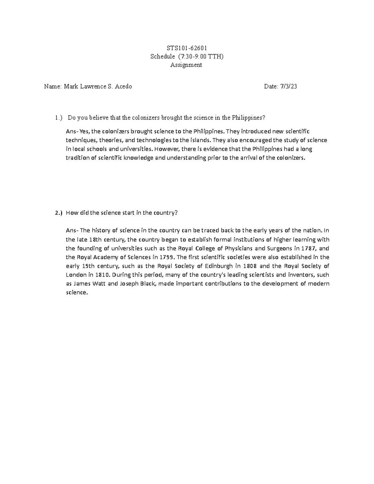 MATH Every Assignment - nope - STS101- Schedule (7:30-9:00 TTH ...