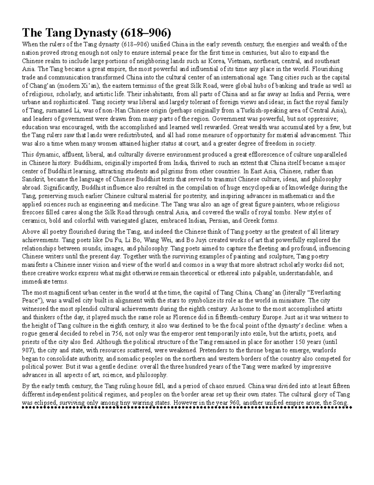 1.1 notes school note - The Tang Dynasty (618–906) When the rulers of ...