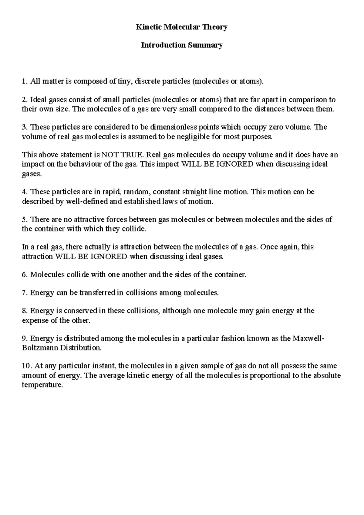 Kinetic Molecular Theory Intro Summary - Kinetic Molecular Theory ...