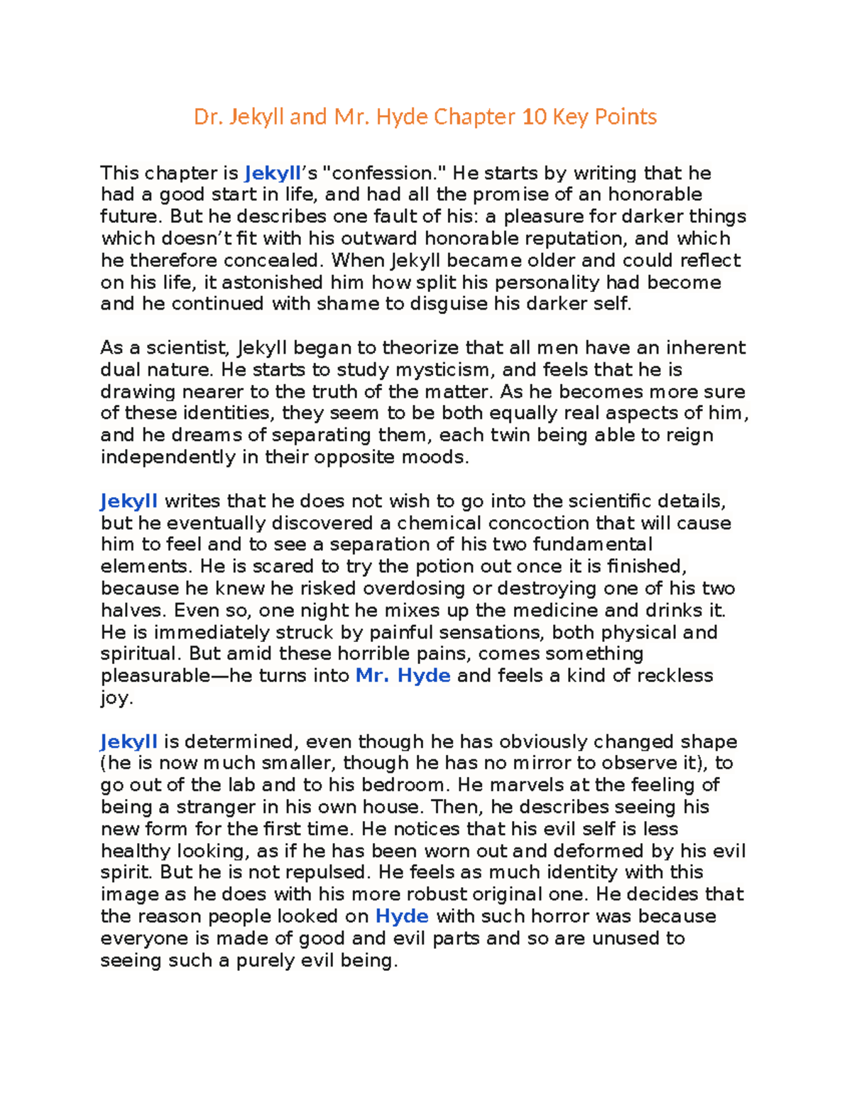 Jekyll ch 10 key points - Dr. Jekyll and Mr. Hyde Chapter 10 Key Points ...