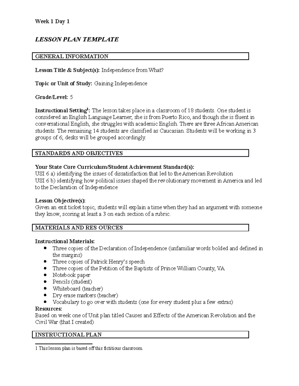 -Week 1 Day 1- Week 1 Day 1 LESSON PLAN TEMPLATE GENERAL INFORMATION ...