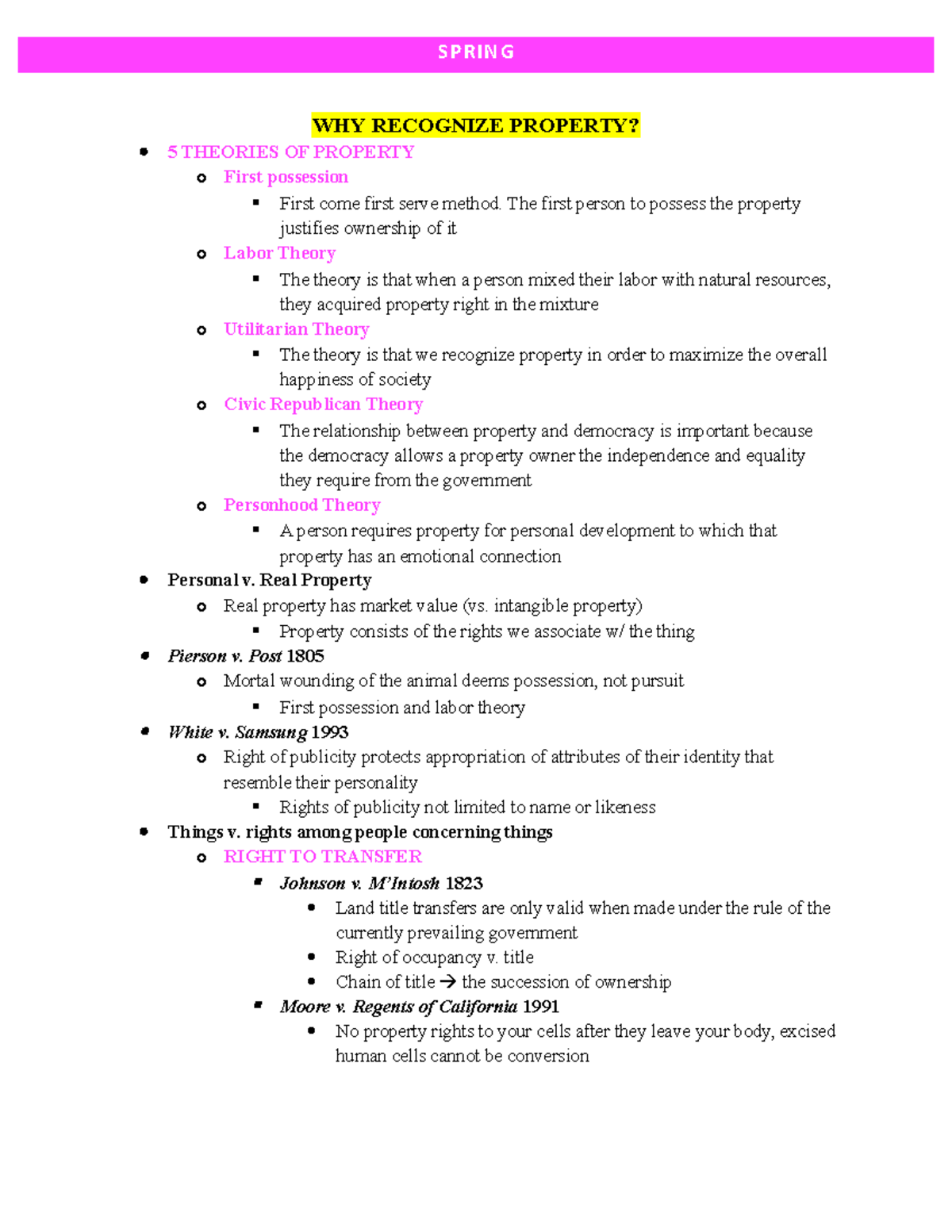 Property outline - WHY RECOGNIZE PROPERTY? 5 THEORIES OF PROPERTY o ...