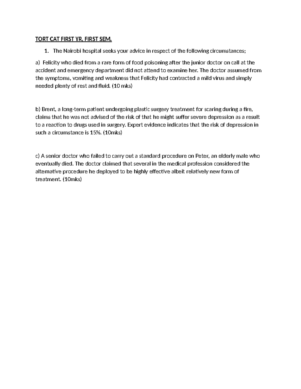 CLS 121-Tort law comprehensive questions. - TORT CAT FIRST YR, FIRST ...