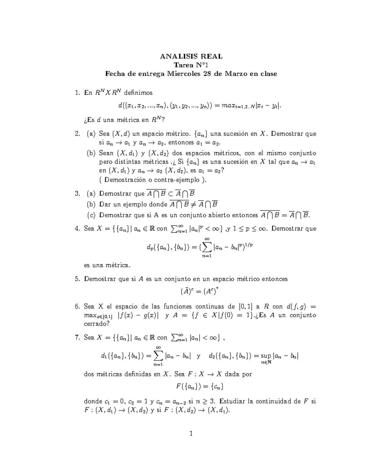 Tarea 1-analisis real - ANALISIS REAL Tarea N 1 Fecha de entrega ...