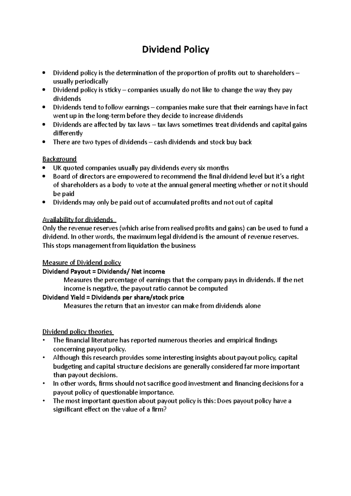 Dividend Policy notes - Dividend Policy Dividend policy is the ...