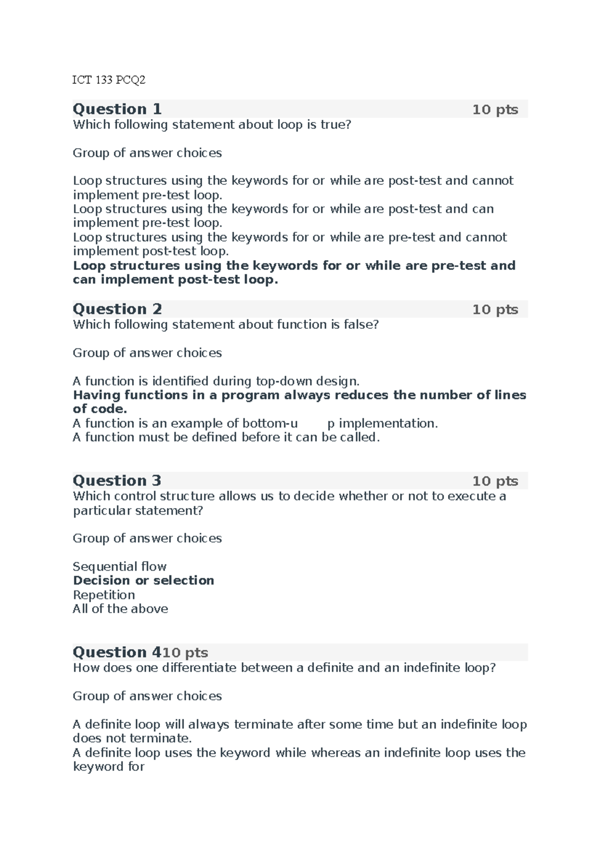 ICT 133 PCQ2 - PCQ2 - ICT 133 PCQ Question 1 10 pts Which following ...