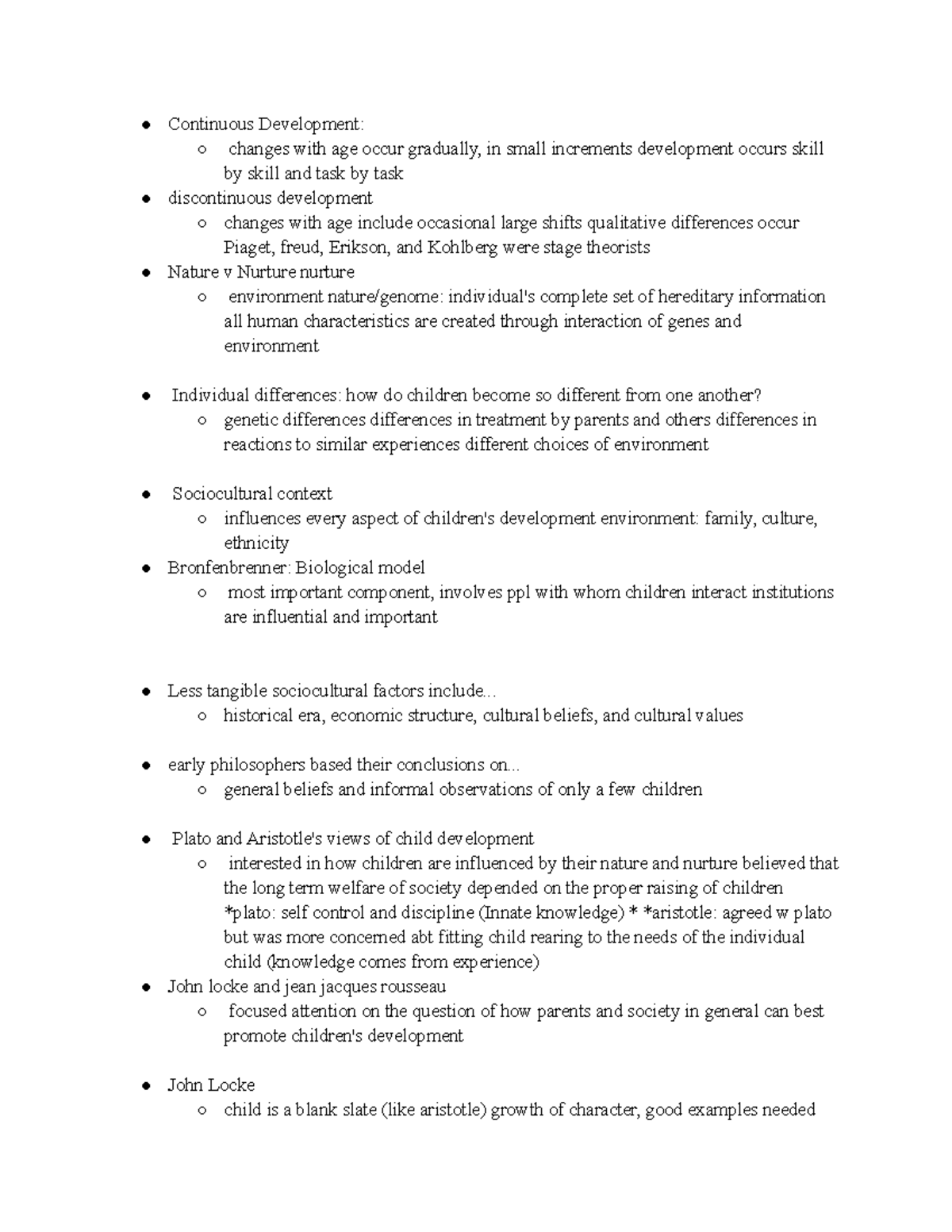 Exam 1 Notes - Continuous Development: changes with age occur gradually ...