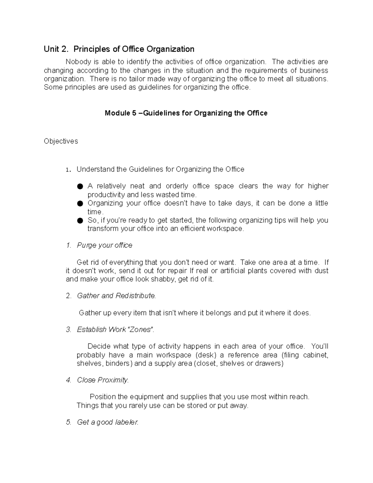Guidelines for Organizing the Office - Unit 2. Principles of Office ...