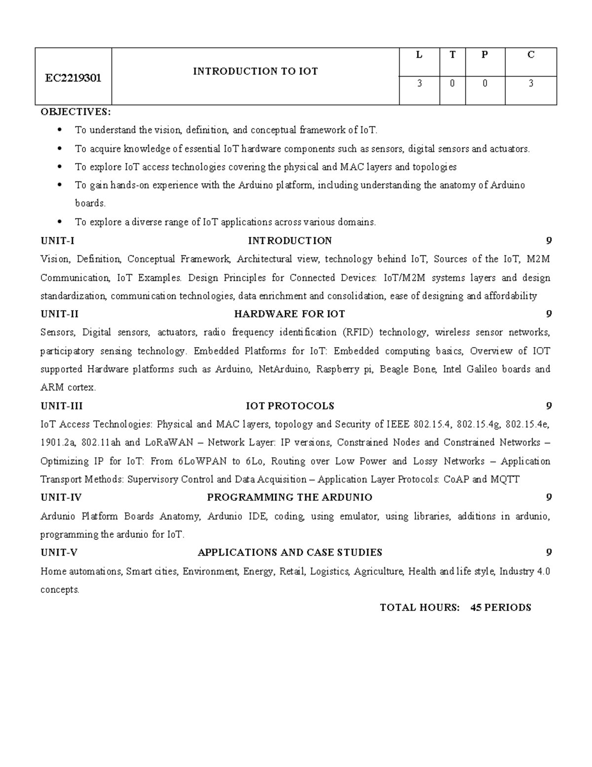 IOT Syllabus SDK - EC INTRODUCTION TO IOT L T P C 3 0 0 3 OBJECTIVES: To understand the vision ...