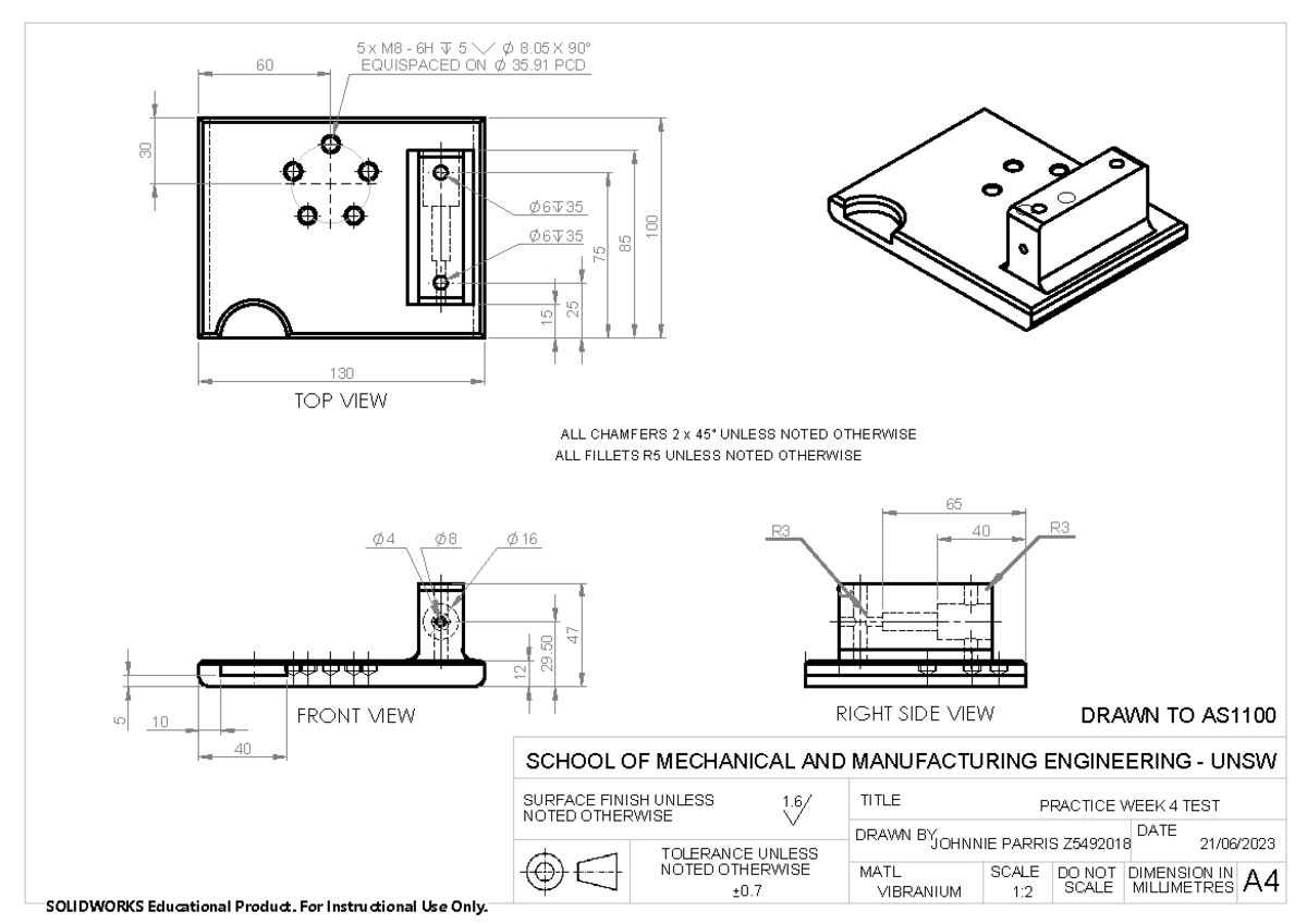 Practice cad part drawing - 21/06/ TITLE 1: NOTED OTHERWISE TOLERANCE ...