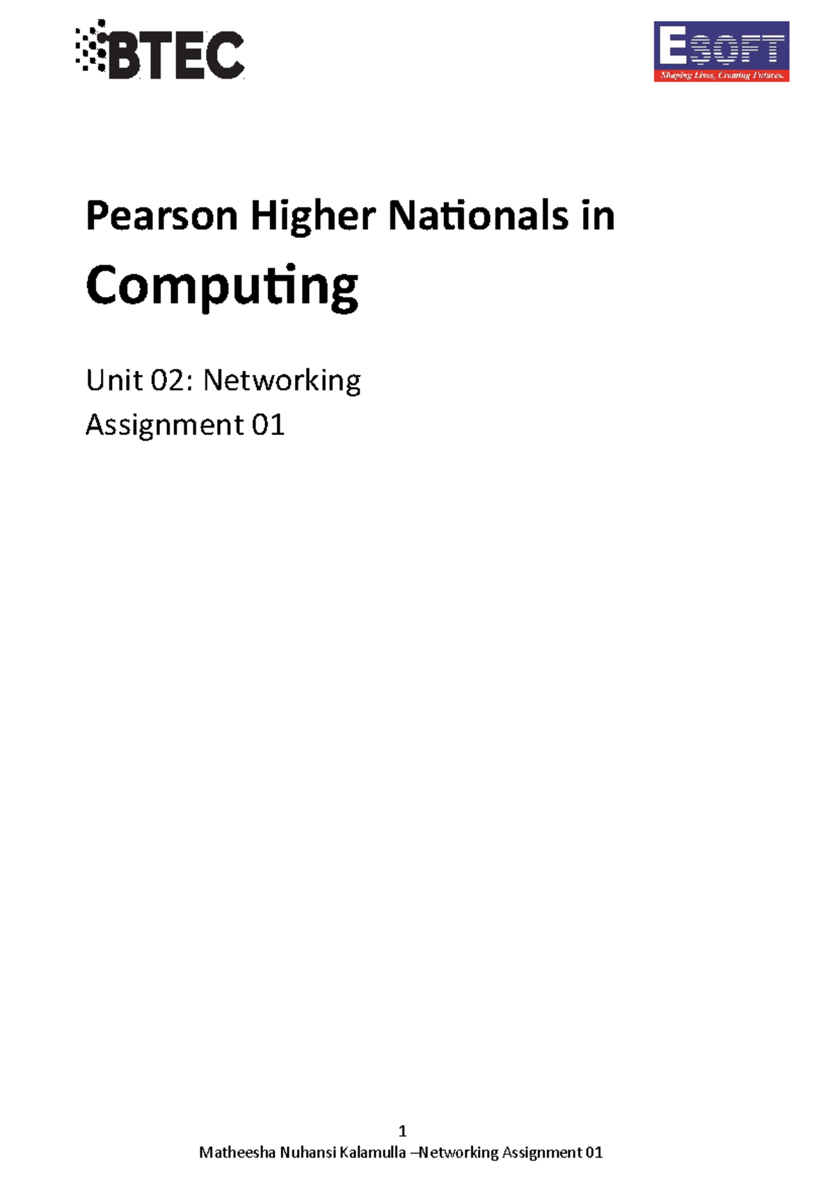 Networking Assignment -1st semester - Pearson Higher Nationals in Computing Unit 02: Networking ...