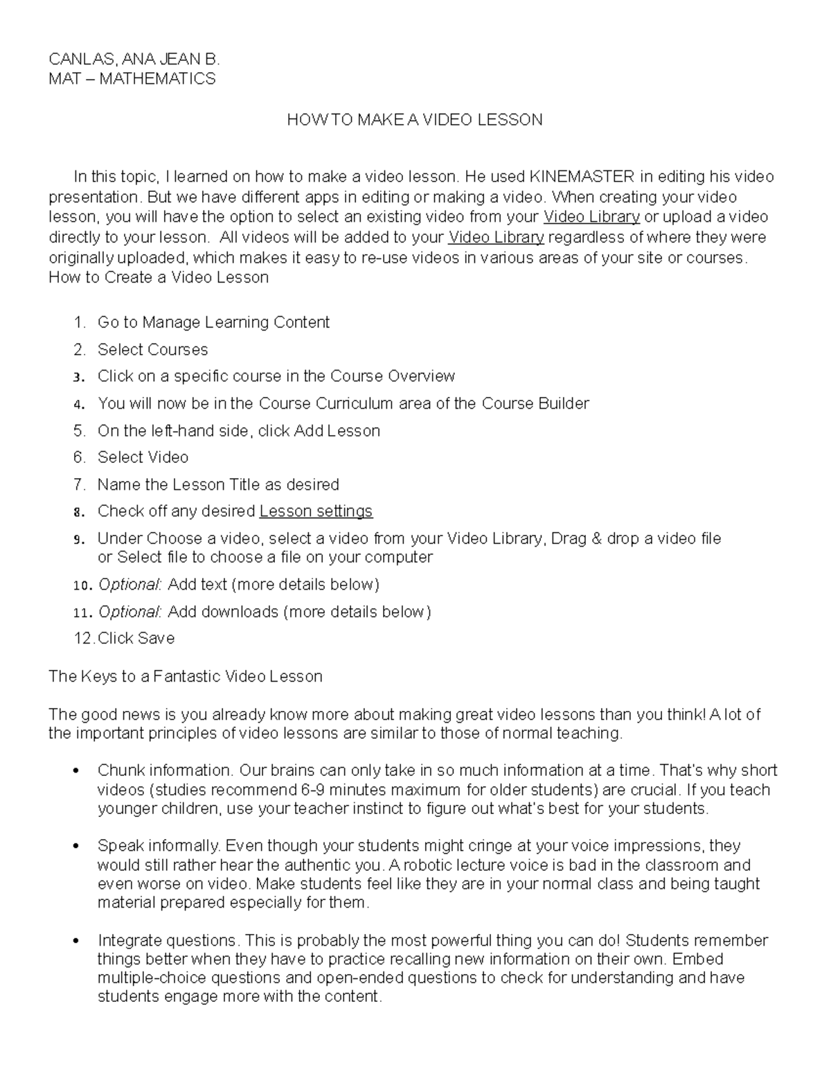 How to make a video lesson - CANLAS, ANA JEAN B. MAT – MATHEMATICS HOW ...