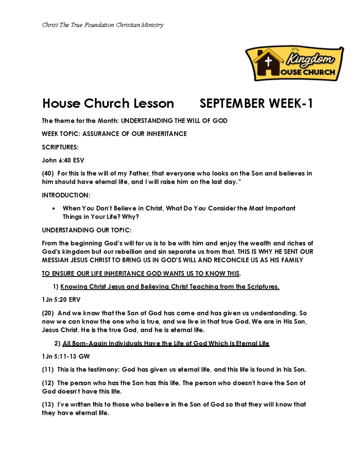 Housechurch Lesson - Christ The True Foundation Christian Ministry ...