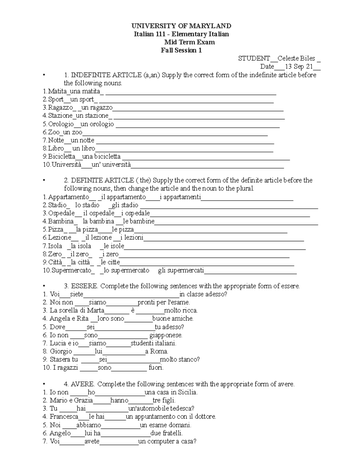 MID TERM EXAM IT 111-2020 - UNIVERSITY OF MARYLAND Italian 111 ...