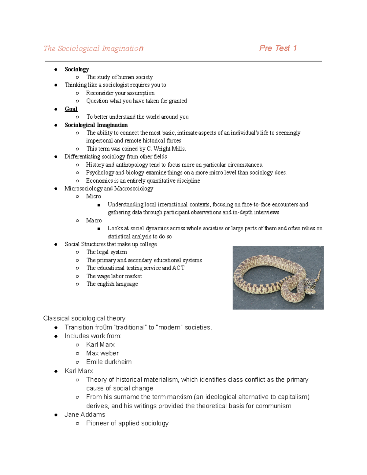 Sociology Notes 1 - The Sociological Imagination Pre Test 1 Sociology ...