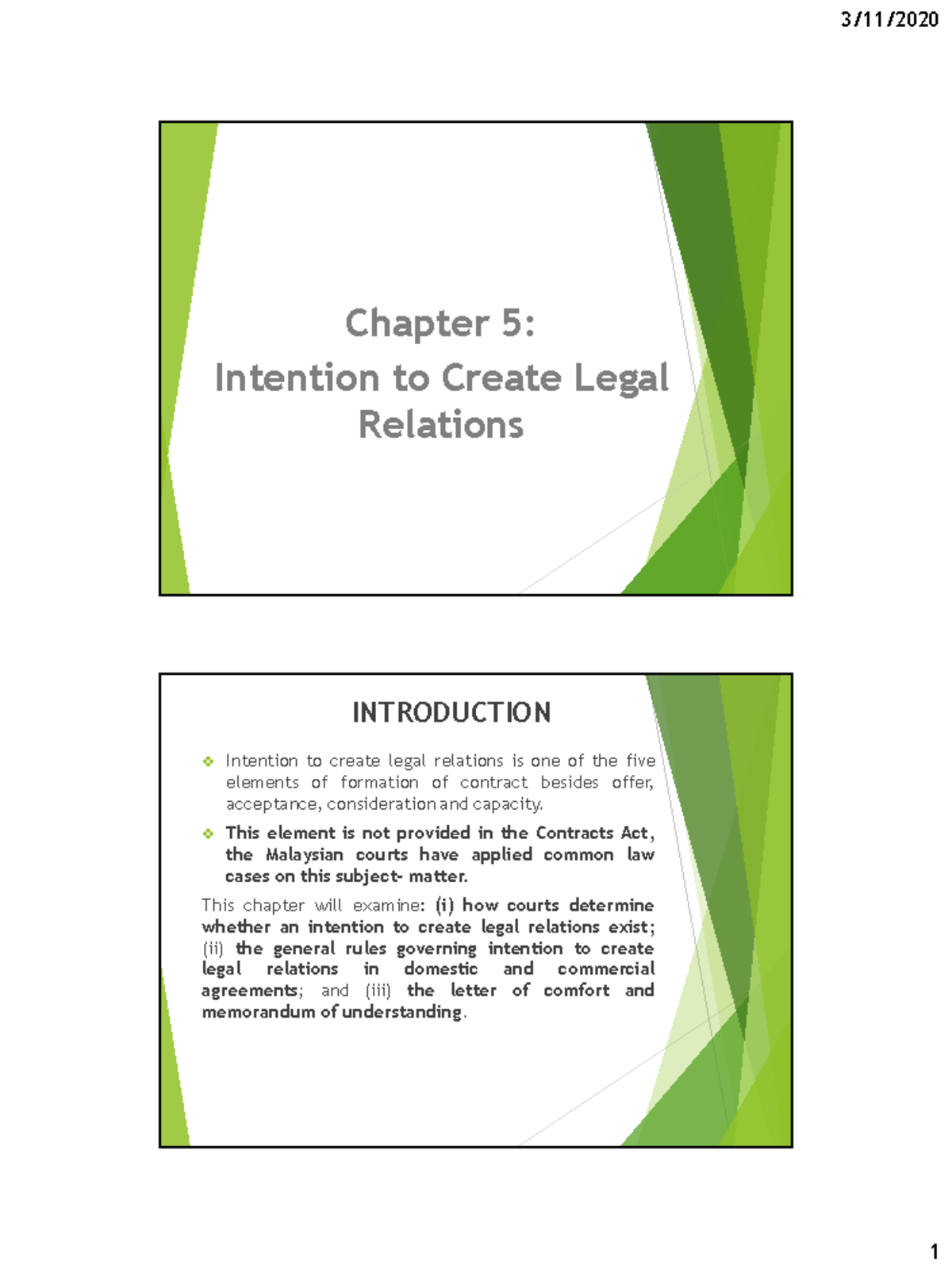 Elements of Contract - Intention TO Create Legal Relation - Chapter 5 ...