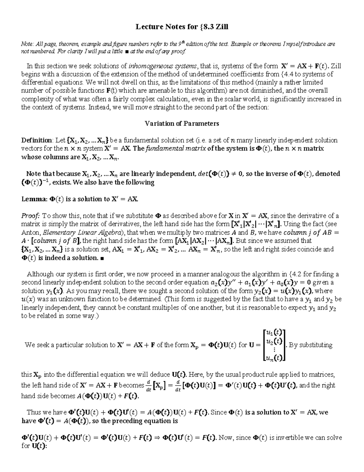 Pdf Lecture Notes for Zill {8 - Lecture Notes for {8 Zill Note: All ...