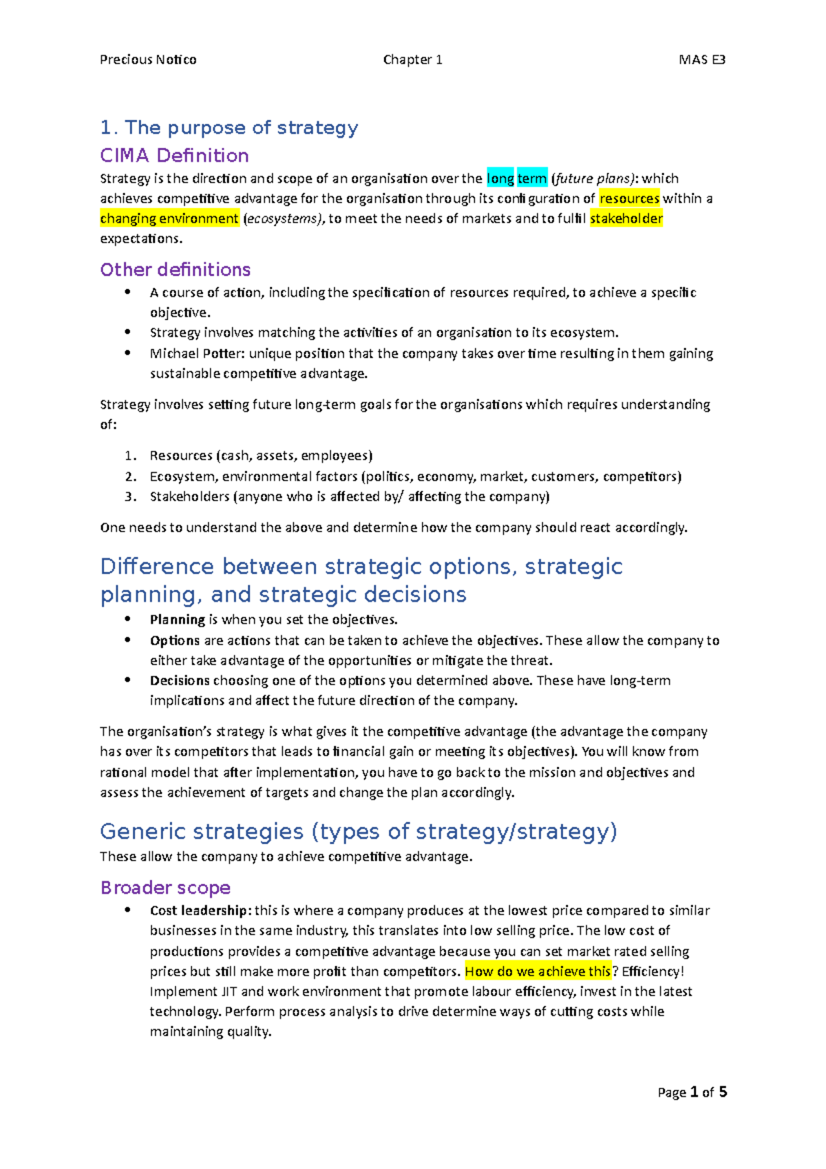 Strategy chapter 1 - lecture notes for f3 - 1. The purpose of strategy ...