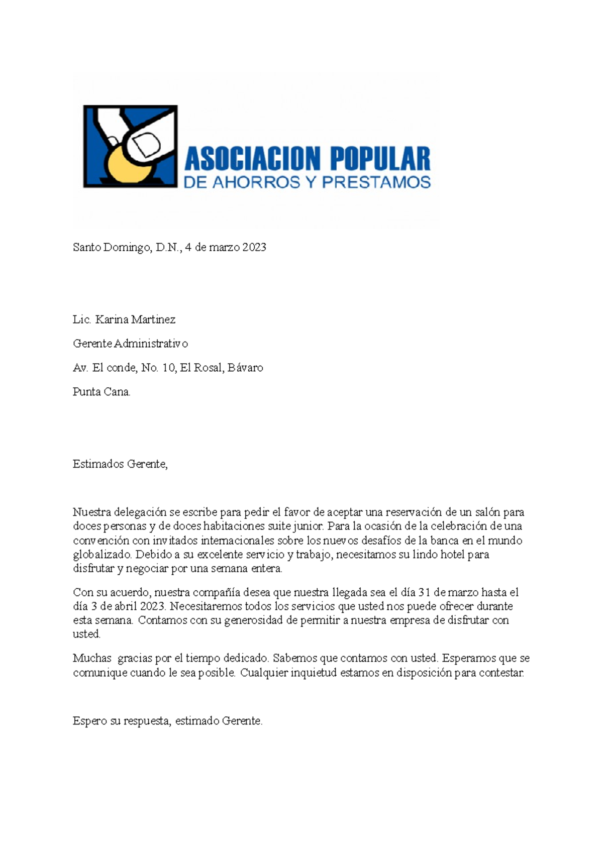 Carta de redaccion - ldg - Santo Domingo, D., 4 de marzo 2023 Lic ...