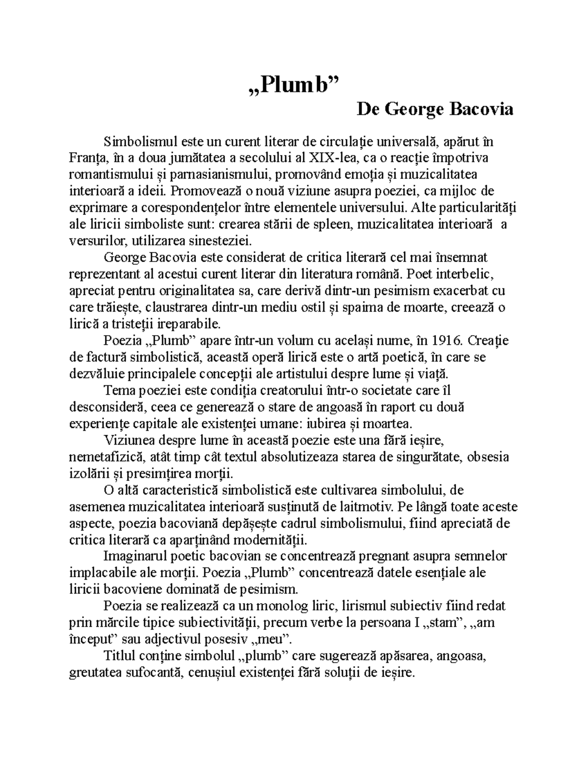 Plumb - eseu bac - „Plumb” De George Bacovia Simbolismul este un curent literar de circulație ...