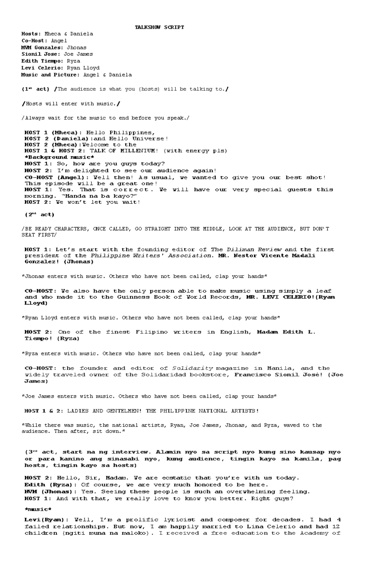 Talkshow- Script - TALKSHOW SCRIPT Hosts: Mheca & Daniela Co-Host ...