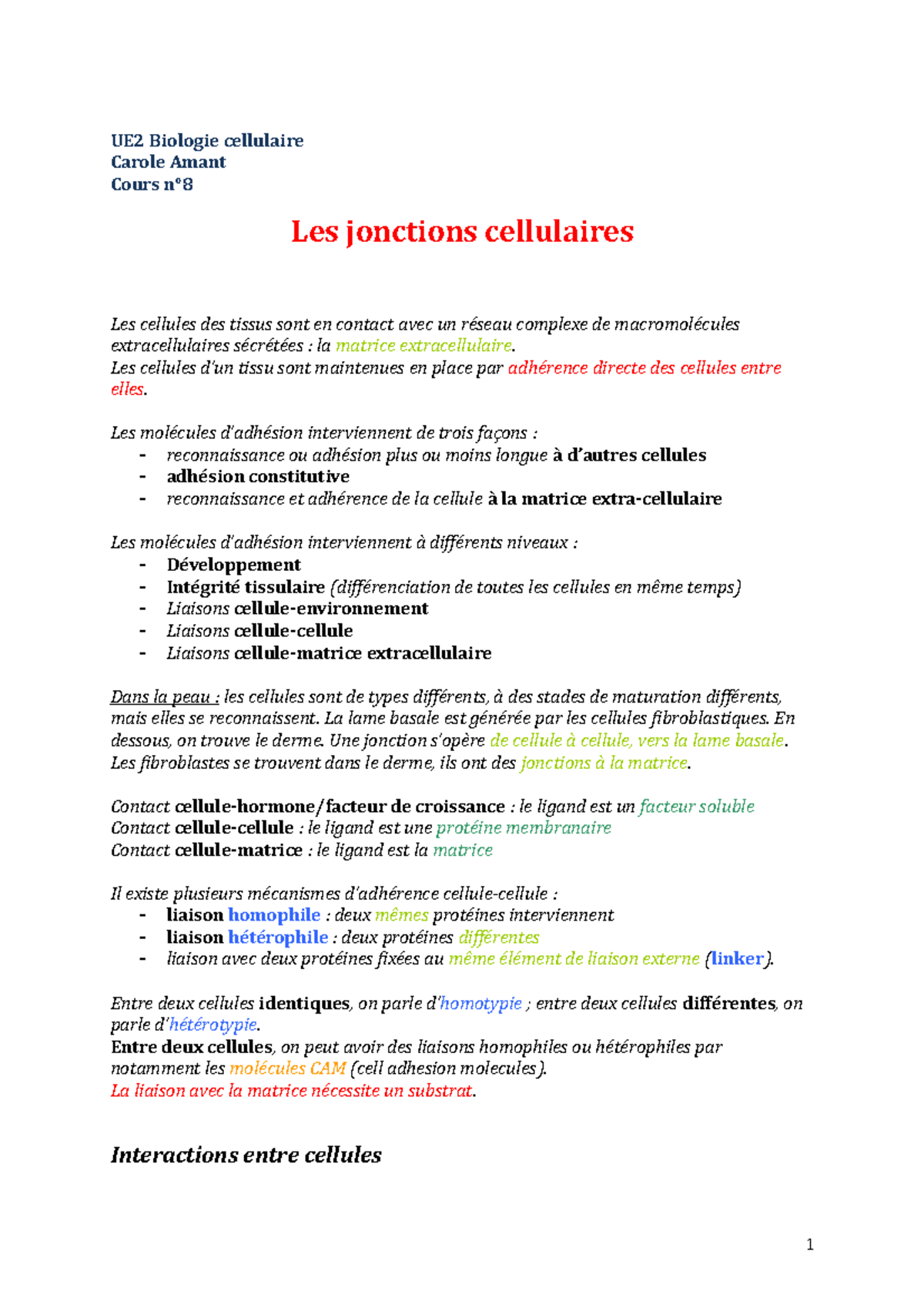 8. Les jonctions cellulaires - UE2 Biologie cellulaire Carole Amant ...