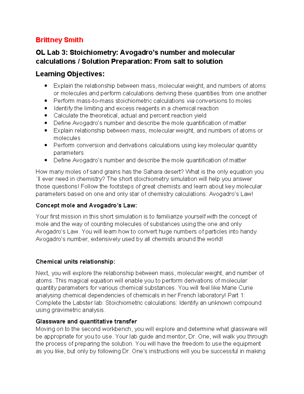 Week 3 Lab-Stoichiometry and Solutions - Brittney Smith OL Lab 3: Stoichiometry: Avogadro’s ...