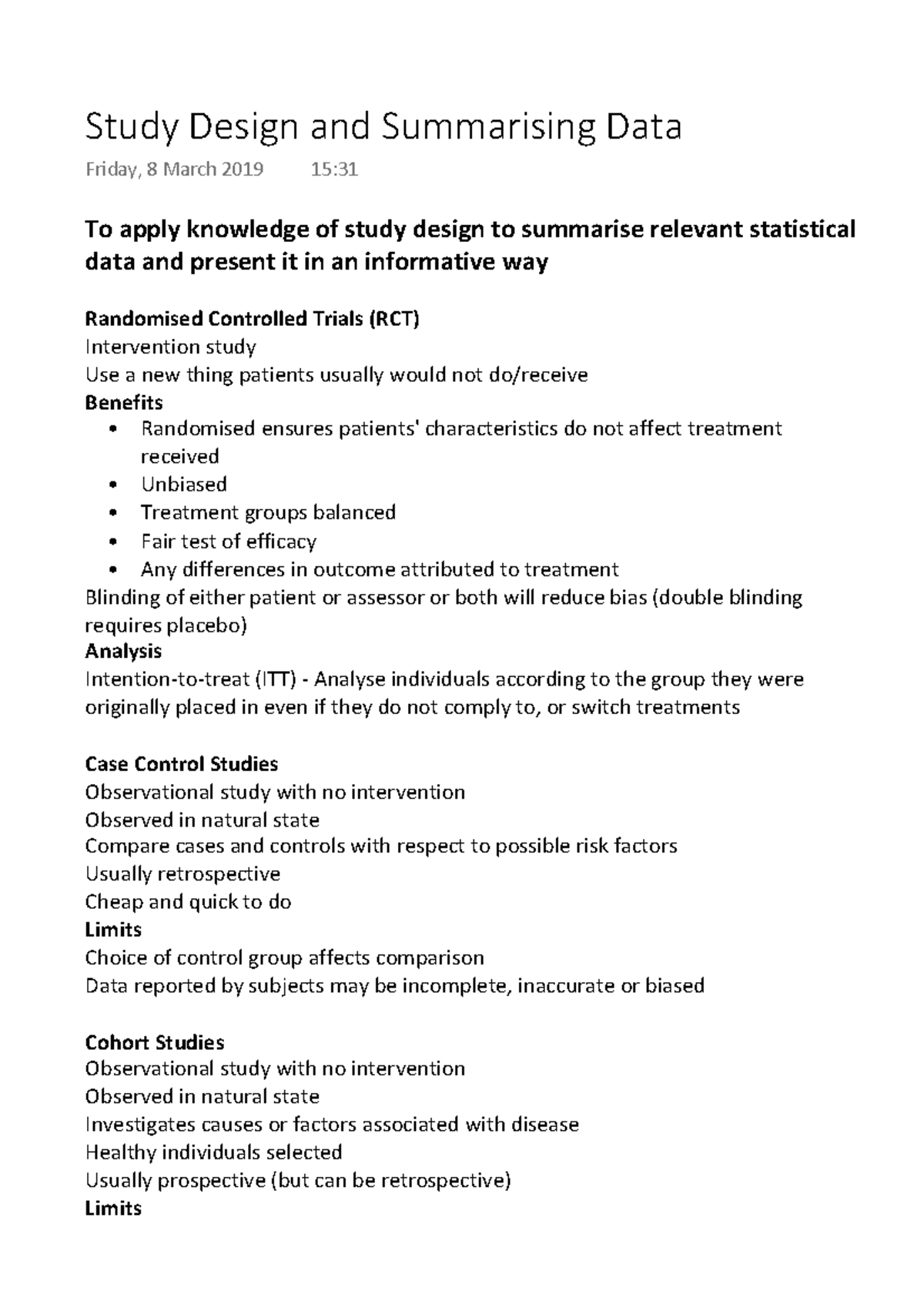 Study Design and Summarising Data - To apply knowledge of study design ...