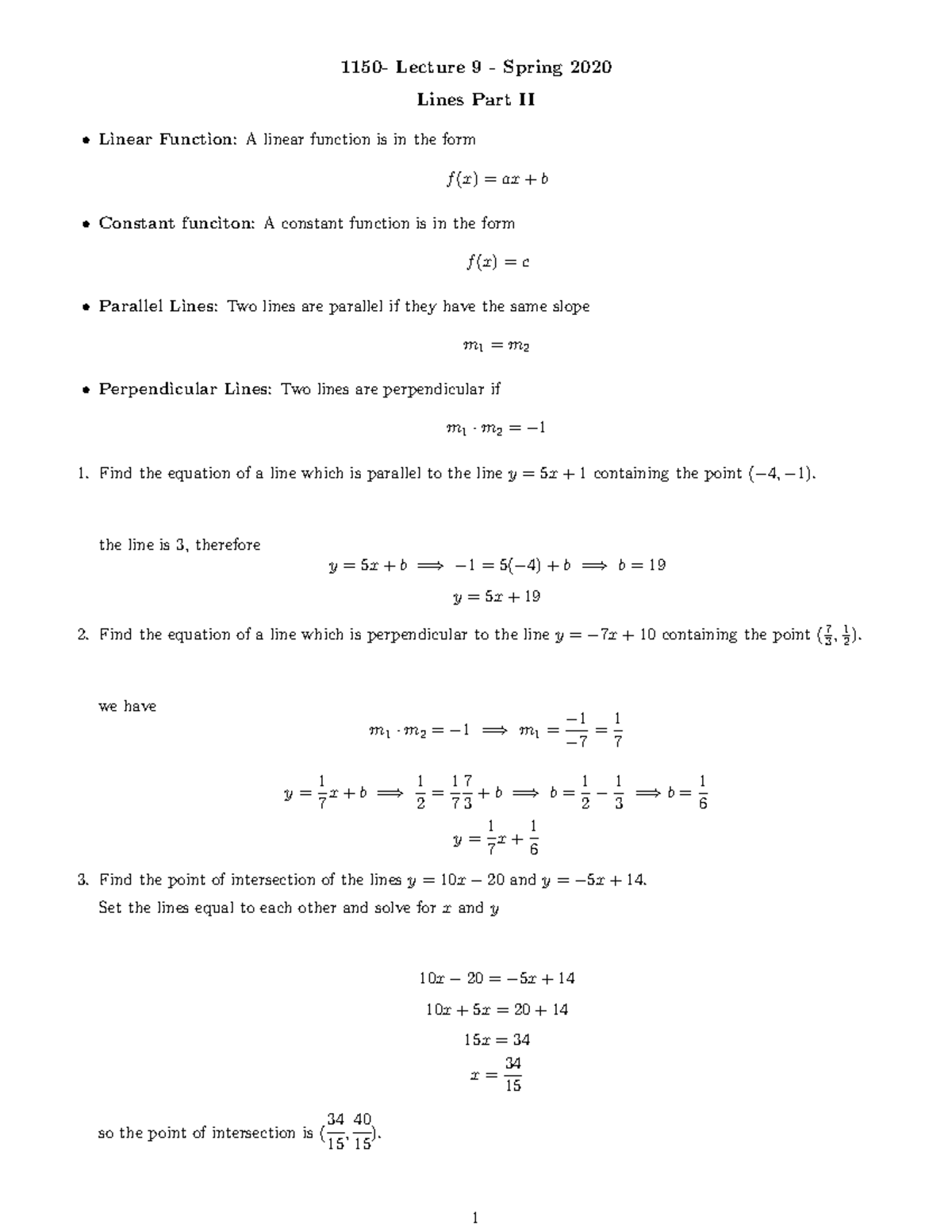 Parallel and Perpendicular Lines - 1150- Lecture 9 - Spring 2020 Lines Part II Linear Function ...