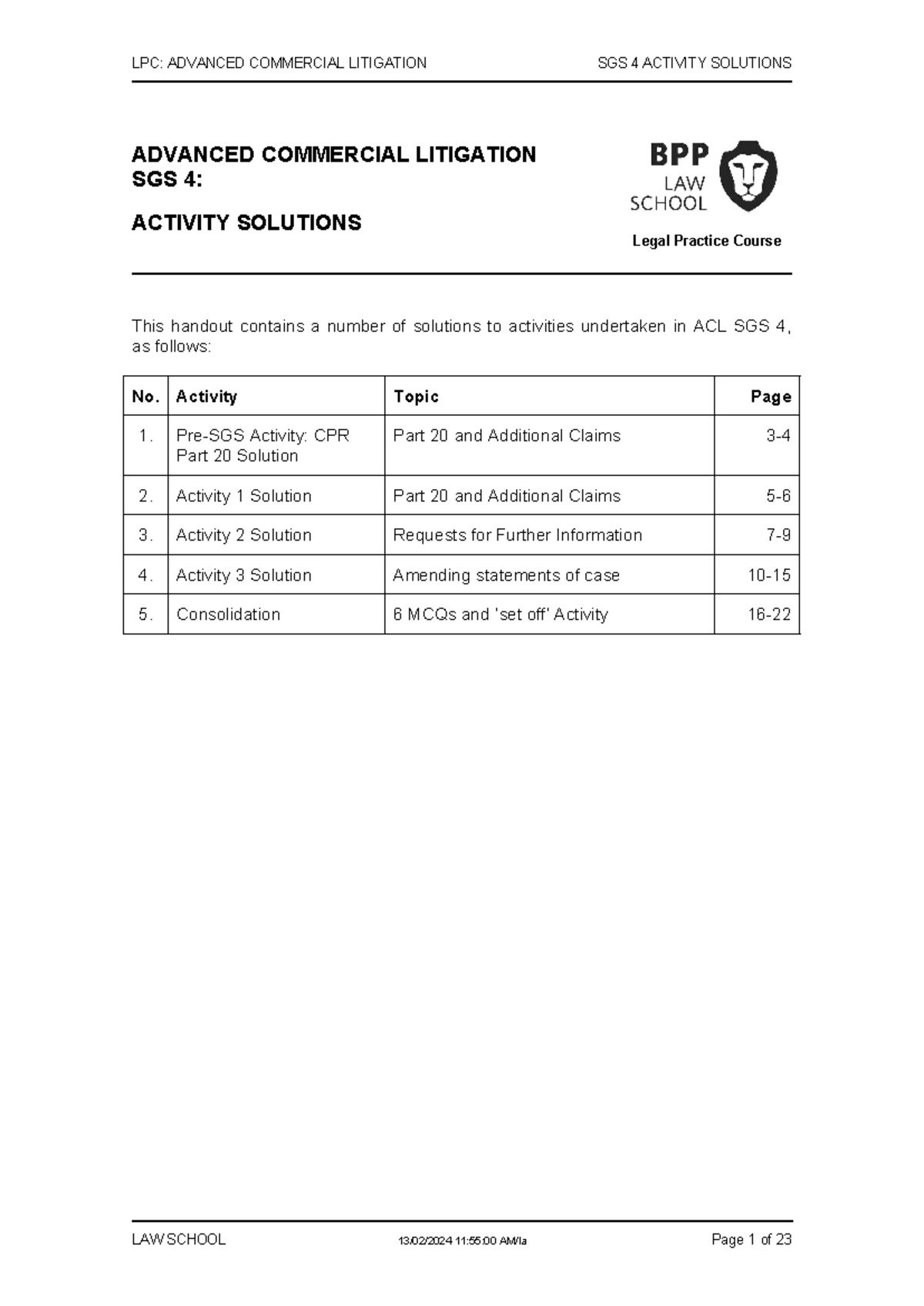 ACL SGS 4 Solutions 23-24 - ####### LPC: ADVANCED COMMERCIAL LITIGATION ...