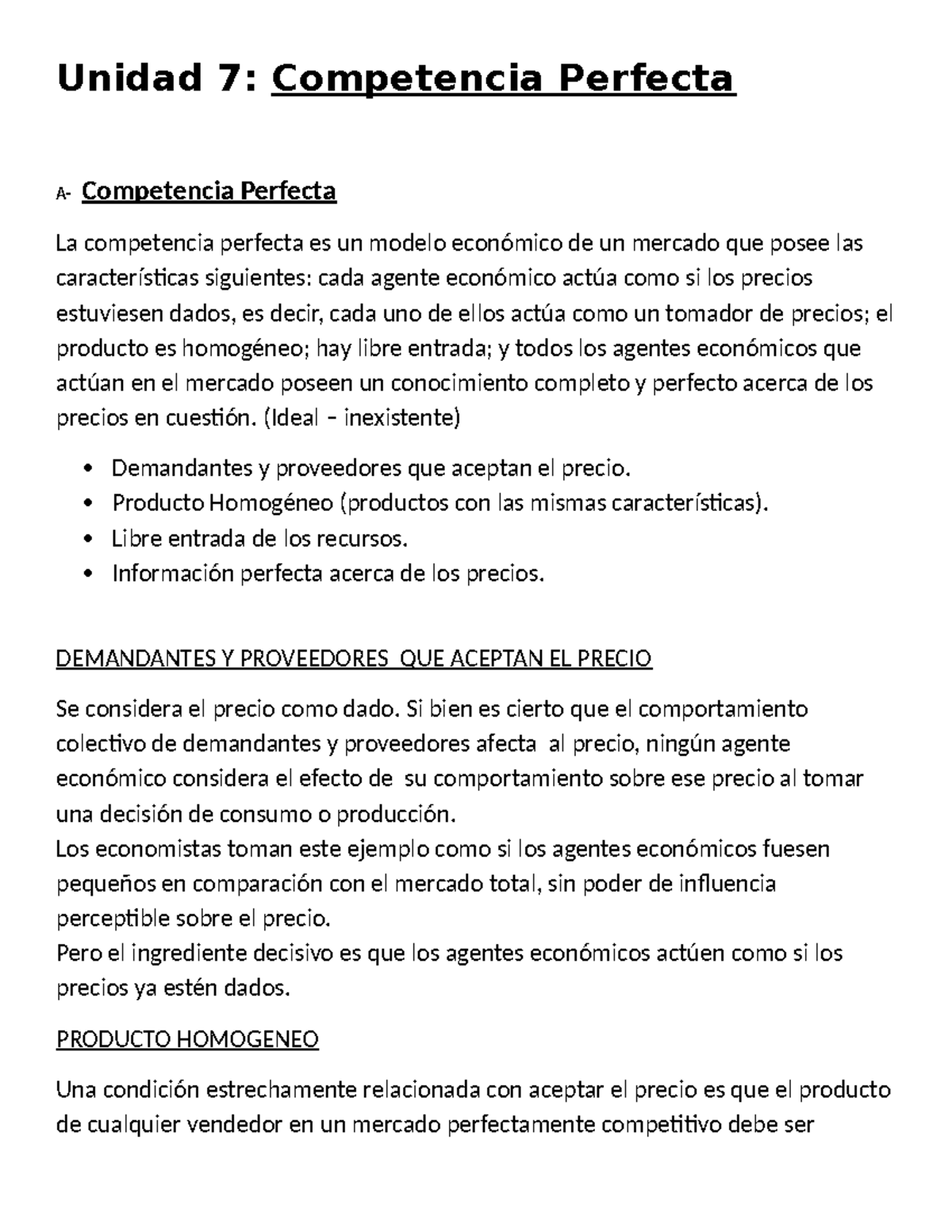 U7 Competencia Perfecta - Unidad 7: Competencia Perfecta A- Competencia Perfecta La competencia ...